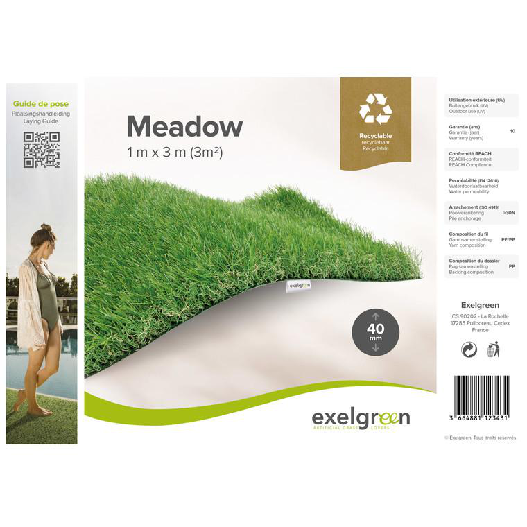 Gazon synthétique vert 40 mm recyclable en rouleau Exelgreen Meadow - 2 ...