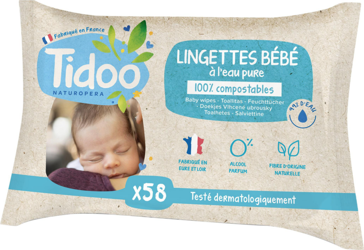 Lingettes bébé à l'eau pure 100 % compostables Tidoo - Paquet de 58 ...