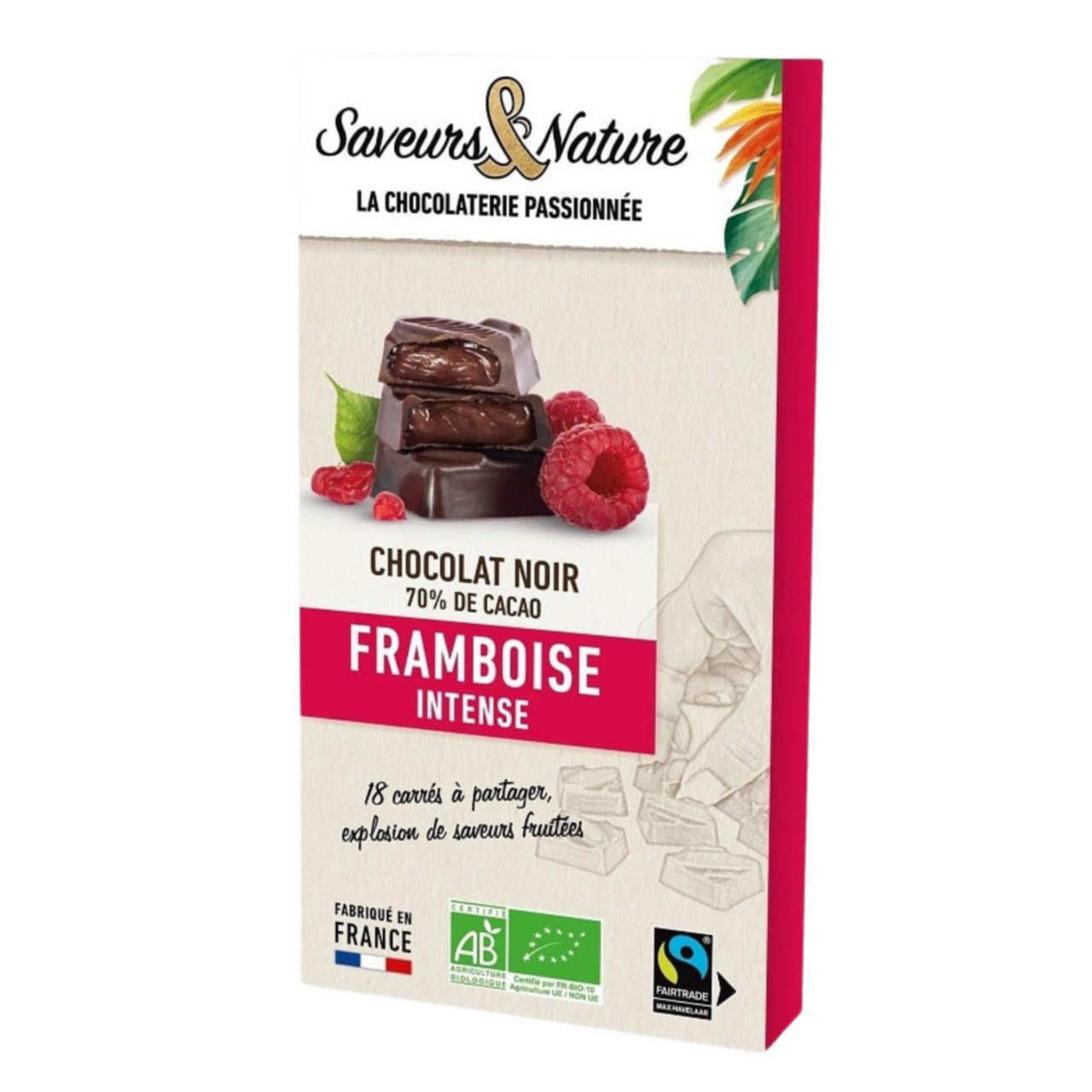 18 carrés fourrés framboise enrobés de chocolat noir bio Saveurs et Nature - 80 g