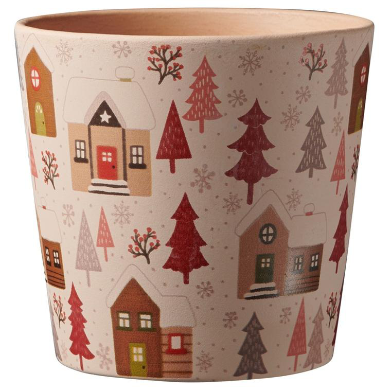 Cache-pot en céramique orangé à motifs Dallas Winter Village - Ø 14 x H ...