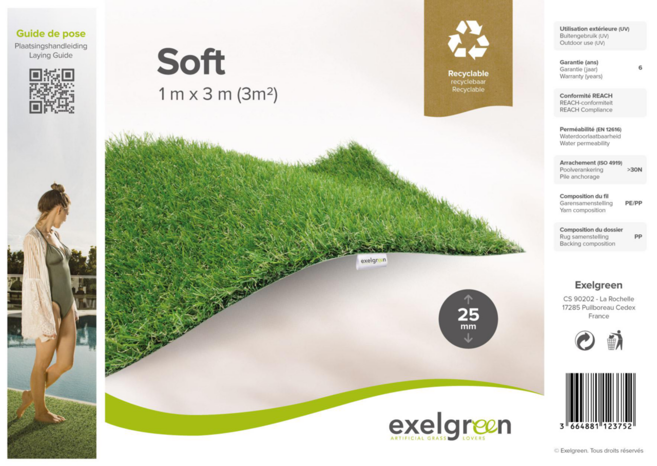 Gazon synthétique Soft 25mm recyclable coloris vert Exelgreen - 2 x 3 m