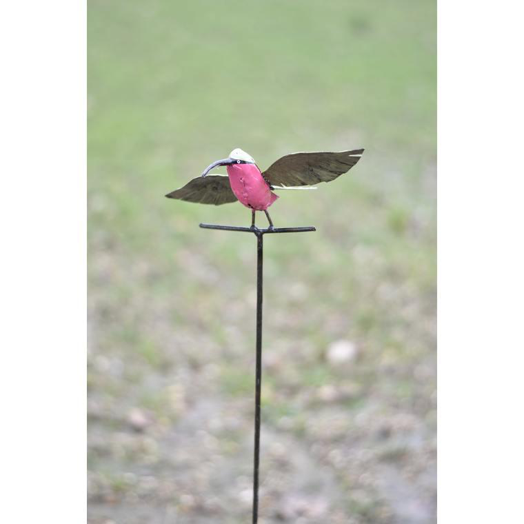 Colibri en métal recyclé peint rose sur tuteur Chouette & Co