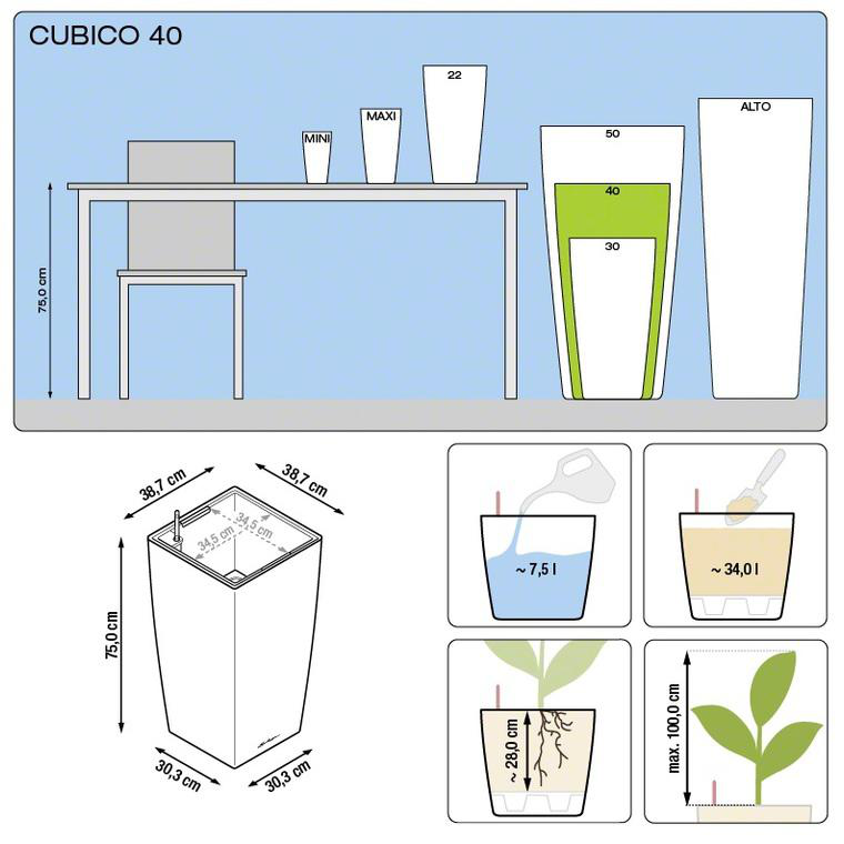 Pot à réserve d'eau Lechuza Cubico Premium 40 blanc - 40 x 40 x 75 cm