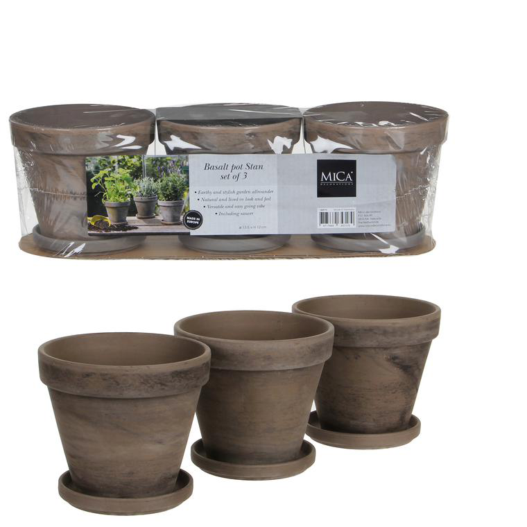 Ensemble de 3 pots en terre cuite gris basalt avec soucoupe Stan - Ø 13 ...